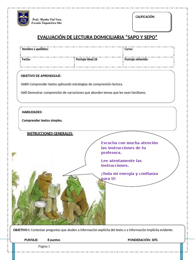 Prueba de Comprensión de Sapo y Sepo | PDF