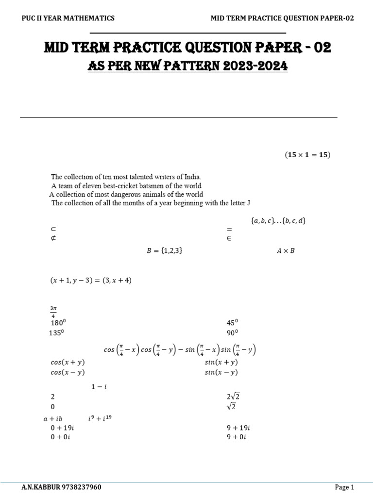 Mid Term QP 02 PUC I MATHS 2023 | PDF | Function (Mathematics) | Mathematical Relations