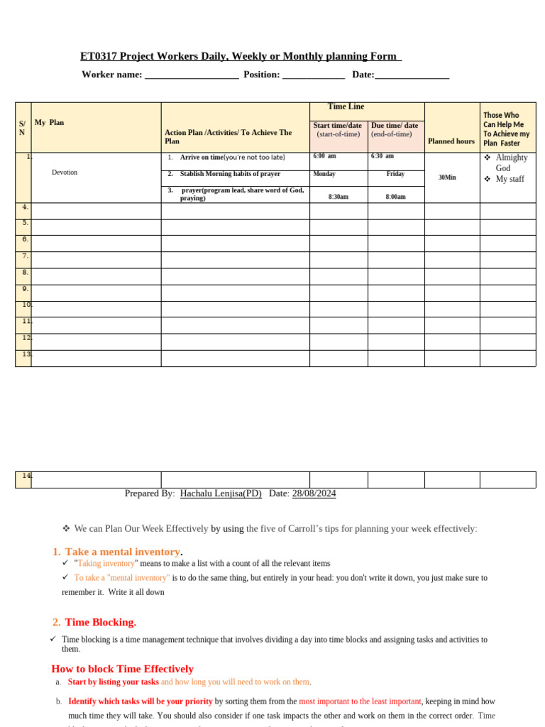 Project Workers Planning Form Guide | PDF | Time Management ...