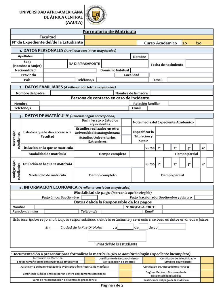 Formulario de matrícula_Facultades | PDF