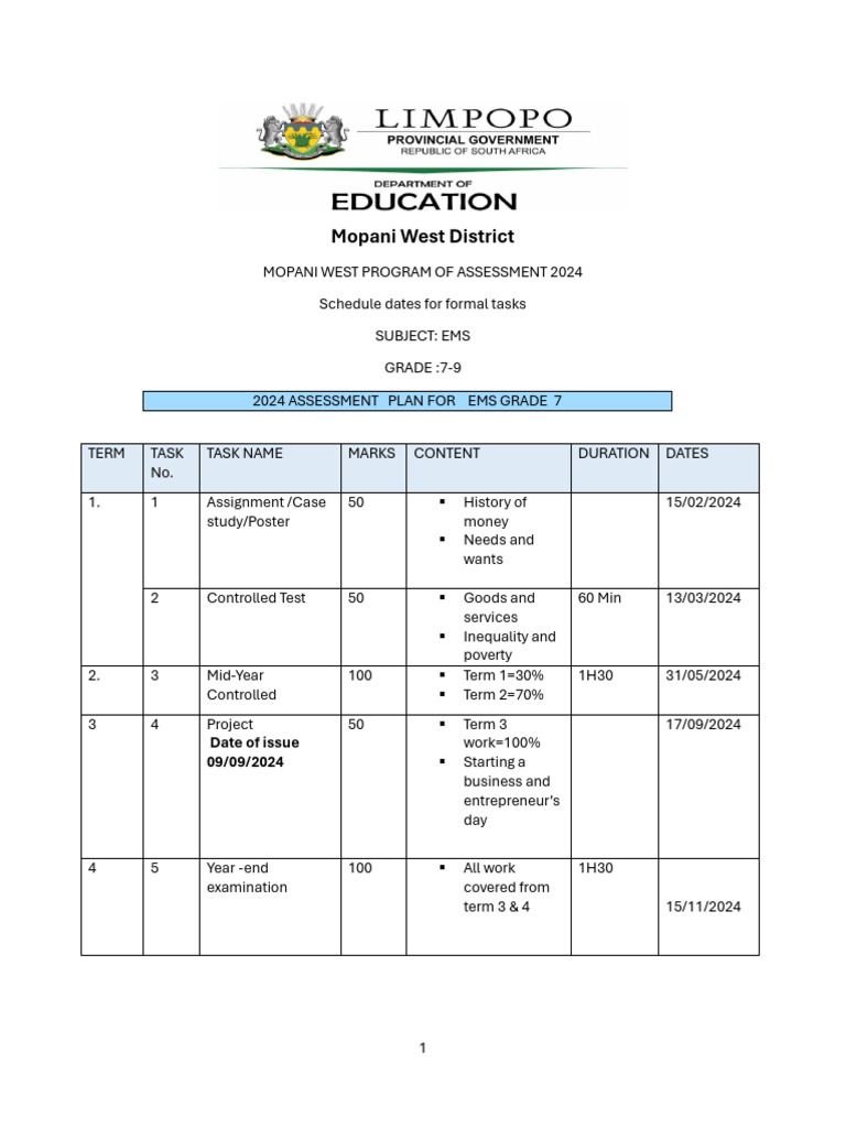 EMS Assessment Plan 2024 Grades 7-9 | PDF | Economies
