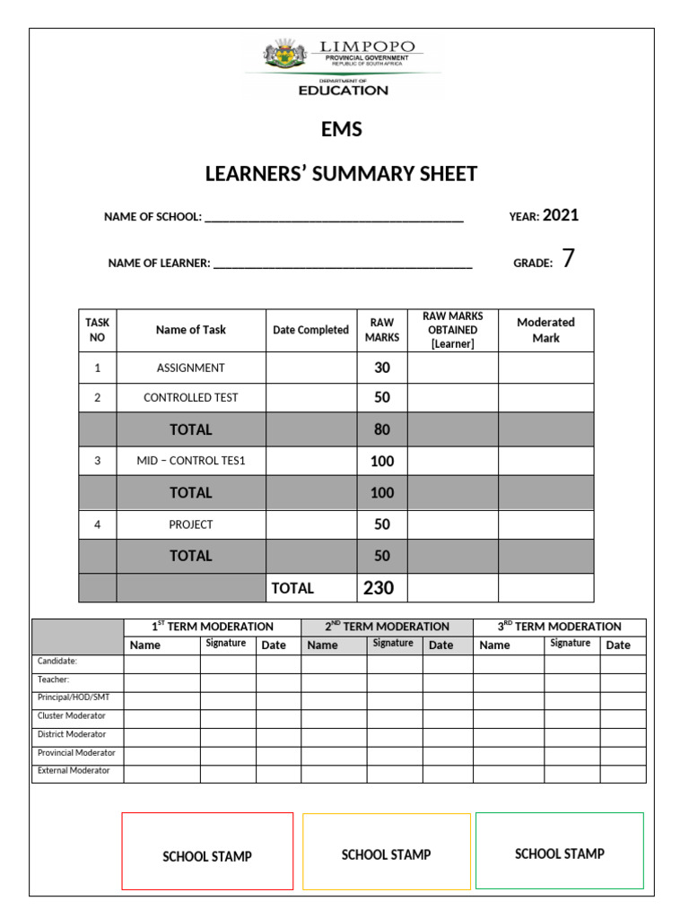 2024 Ems Learners' Summary Sheet Grade 7 - 075457 | PDF
