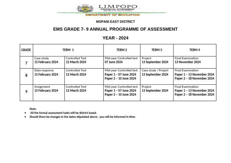 2024 Ems Programme of Assessment - GR 7-9 | PDF
