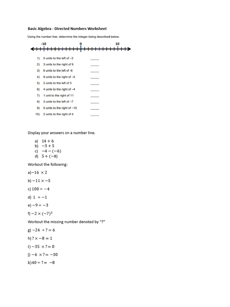Directed Numbers Worksheet | PDF