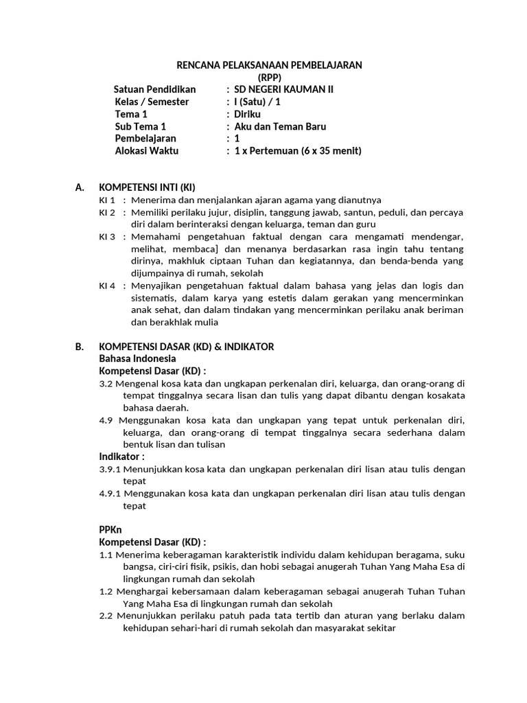 RPP SD Kelas 1 Tema 1 | PDF