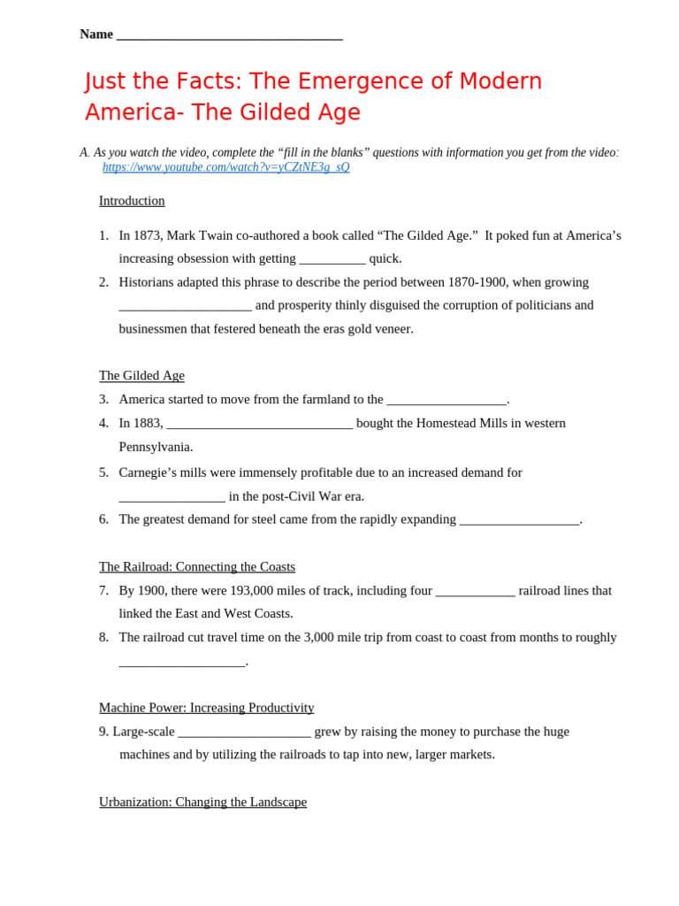 Joel Rejino - Day 12 - Gilded Age Video Questions WORD | PDF | The ...