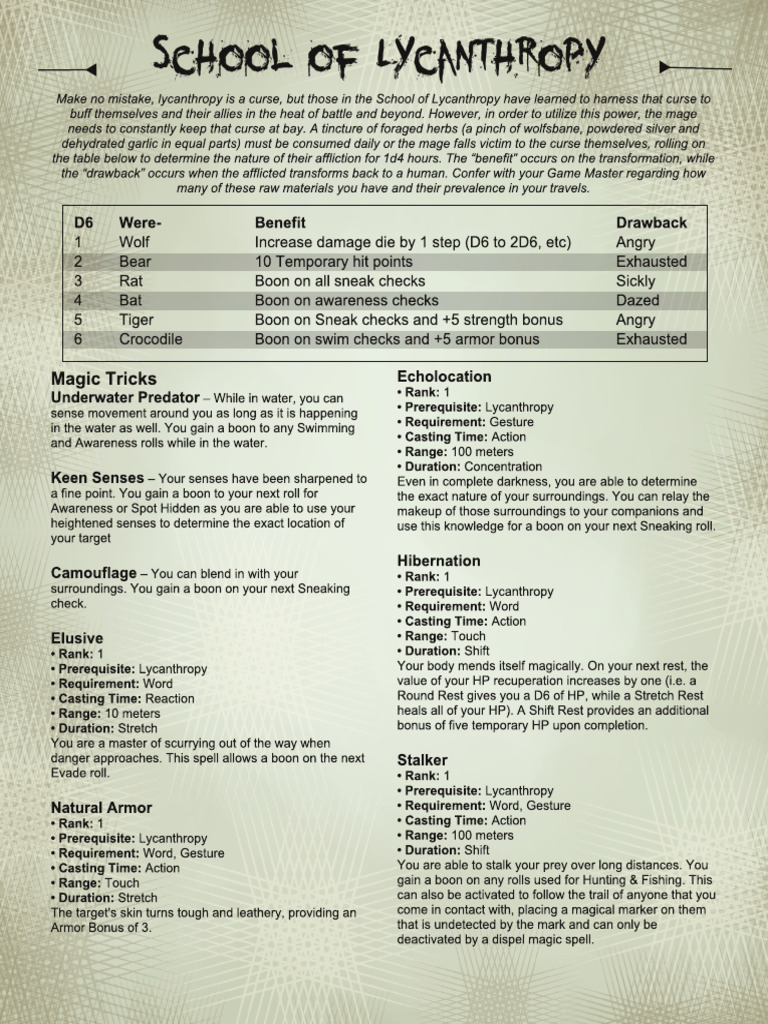 Lycanthropy School of Magic | PDF