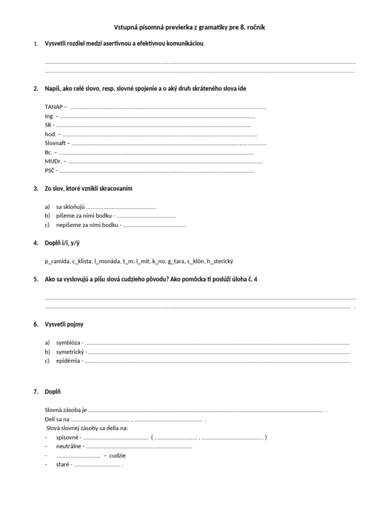Vstupná Písomná Previerka Z Gramatiky Pre 8. Ročník ZŠ | PDF