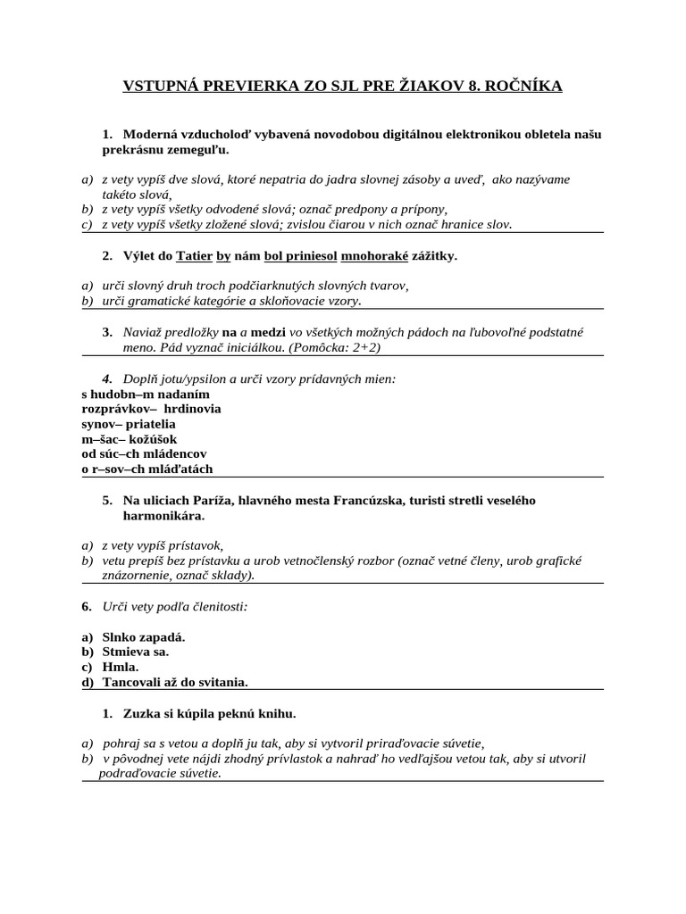 Vstupná Previerka Zo SJL - 8. Roč. | PDF