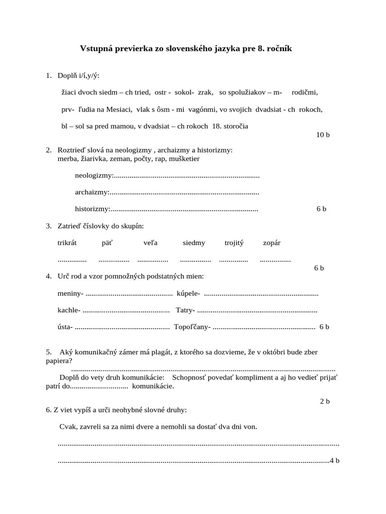 Vstupná Previerka Zo SJL Pre 8. Ročník | PDF