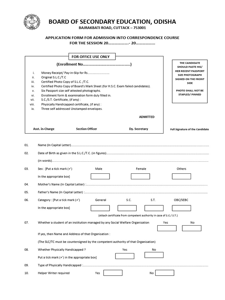 Correspondence Course ADMISSION FORM | PDF