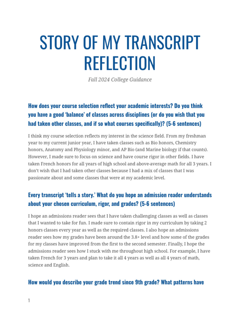 Jack Young - Story of My Transcript Reflection | PDF