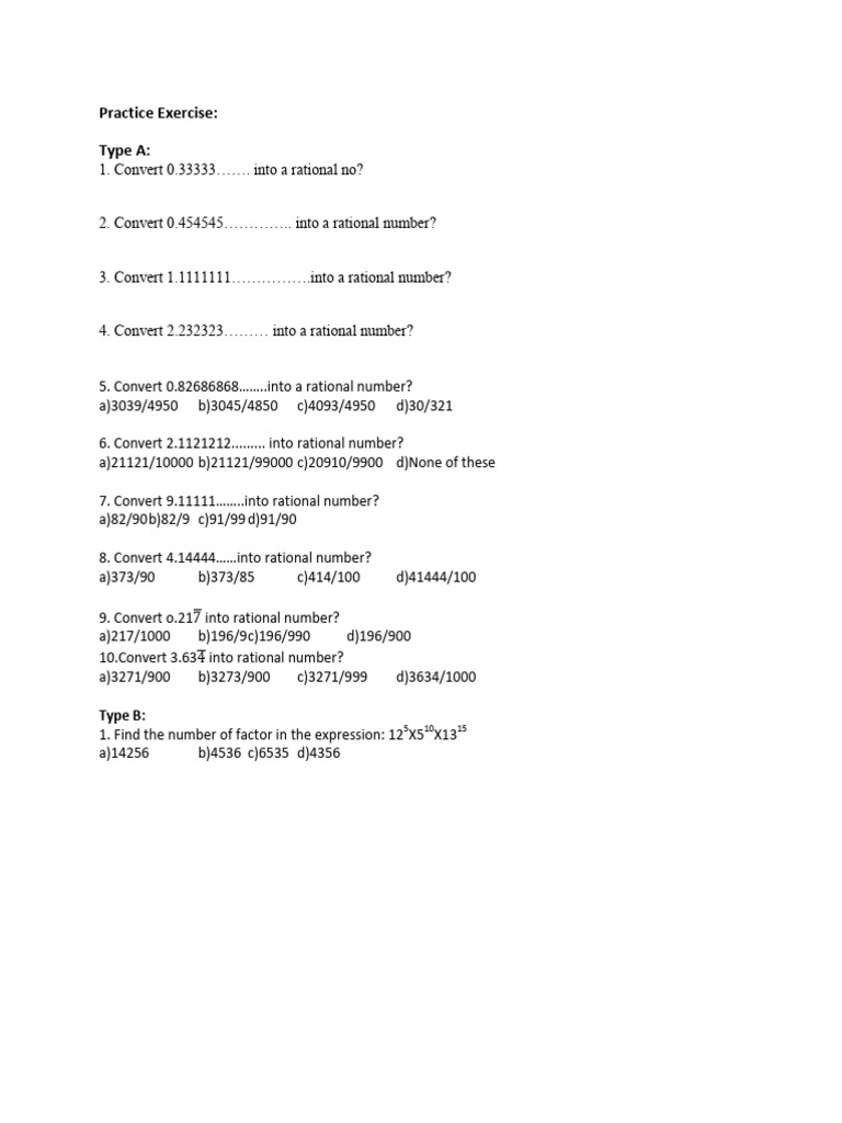 Number System Practice Questions | PDF | Mathematical Objects ...