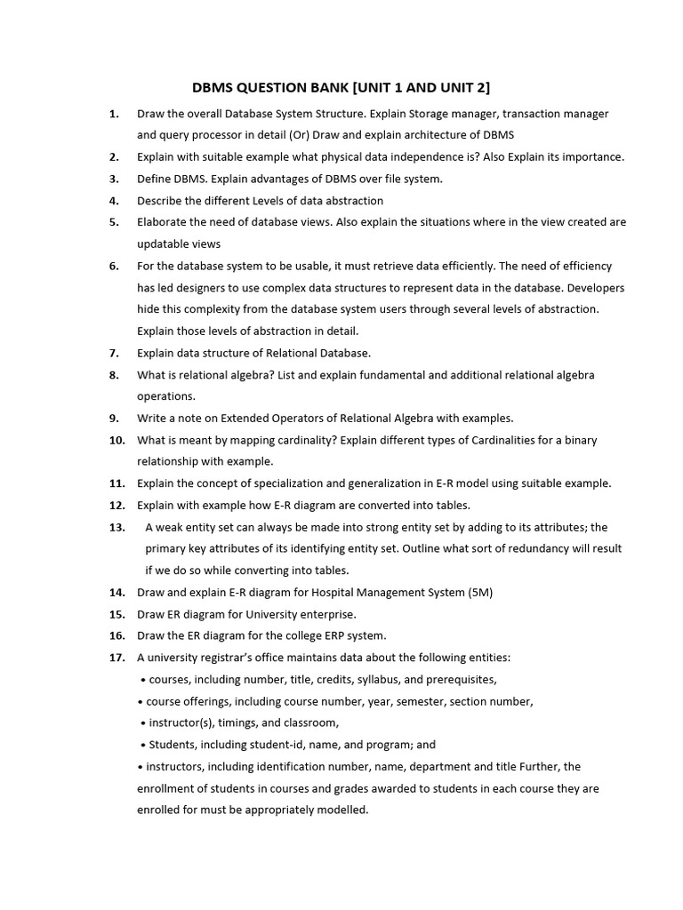 Dbms Que Bank - Unit1 and 2 Updated | PDF | Relational Database | Databases