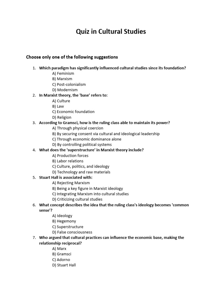 Quiz in Cultural Studies | PDF | Ideologies | Marxism