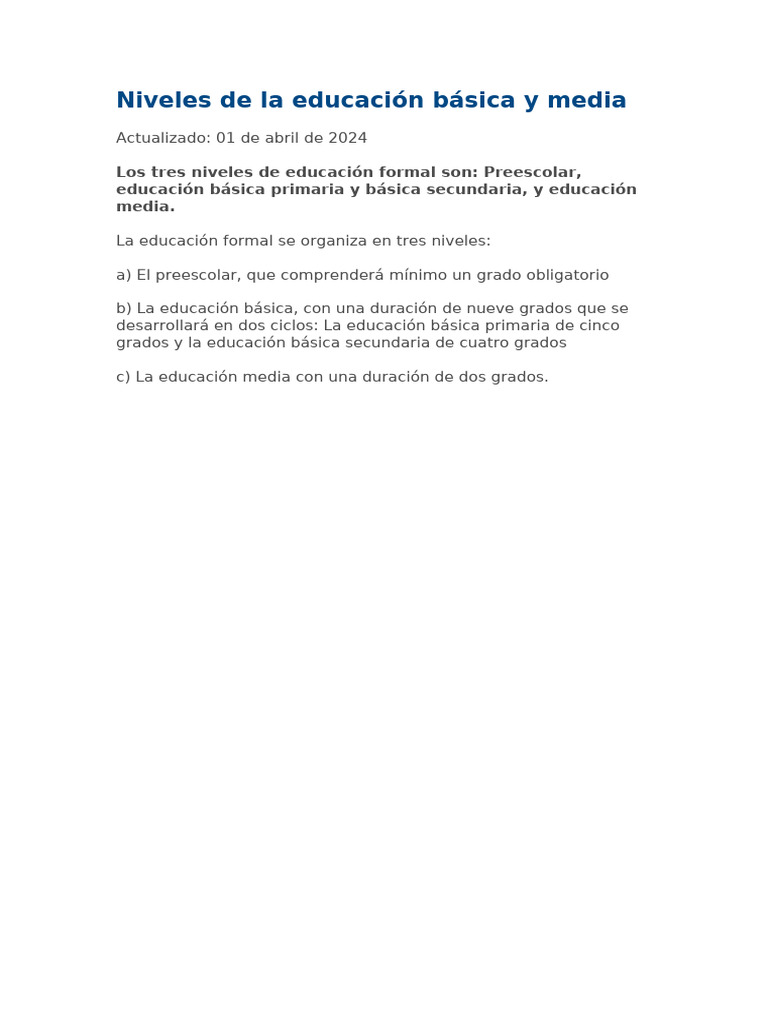 Niveles de La Educación Básica y Media | PDF