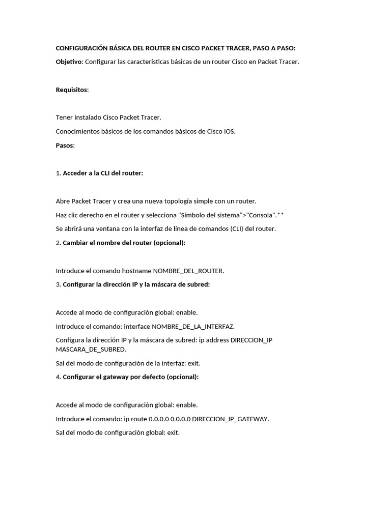 Configuración Básica Del Router en Cisco Packet Tracer | PDF