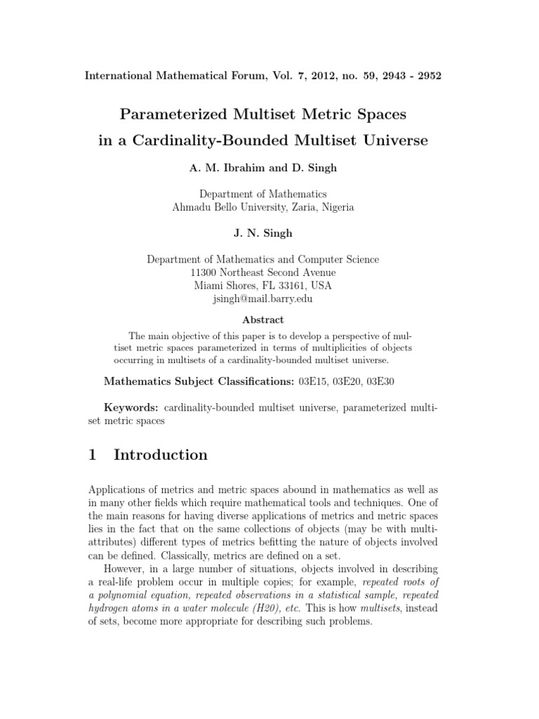 Parameterized Multiset Metric Spaces in A Cardinality-Bounded Multiset Universe | PDF ...
