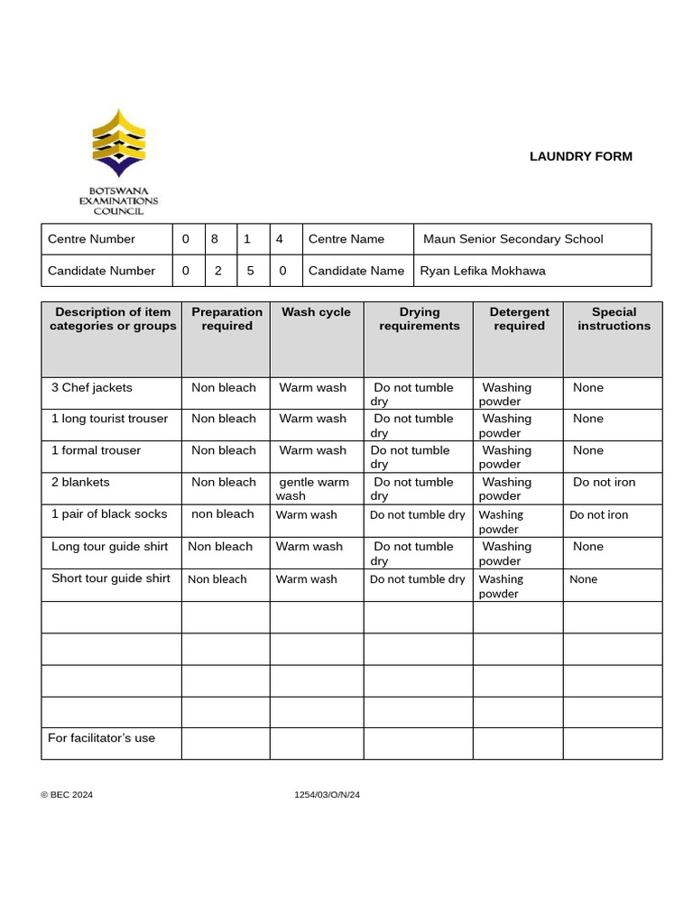 2024 Bsse House Keeping Laundry Form Paper 3 | PDF