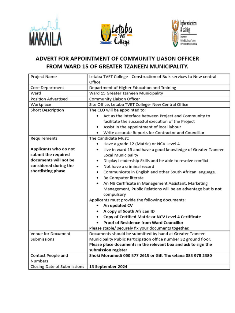 Community Liaison Officer Vacancy at Letaba | PDF