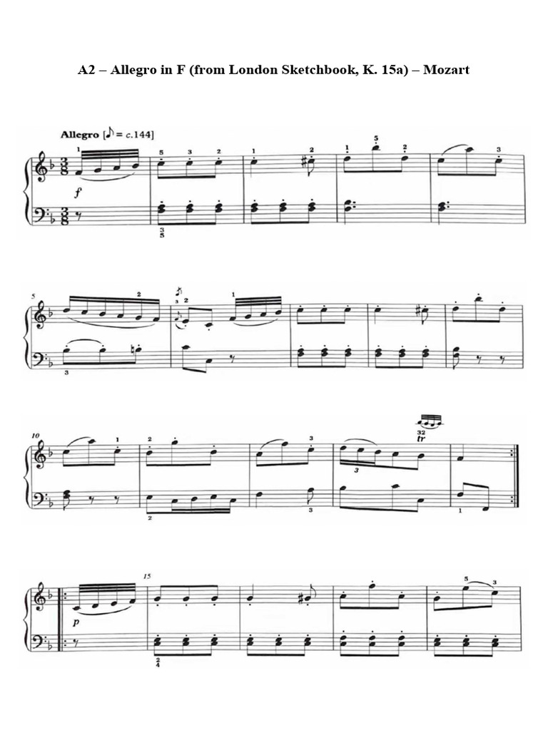 A2 - Allegro in F (From London Sketchbook, K. 15a) - Mozart | PDF