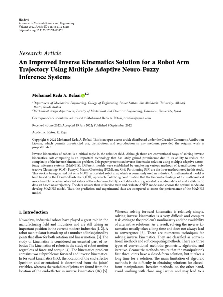 An Improved Inverse Kinematics Solution For A Robotics | PDF | Mean Squared Error | Cluster Analysis