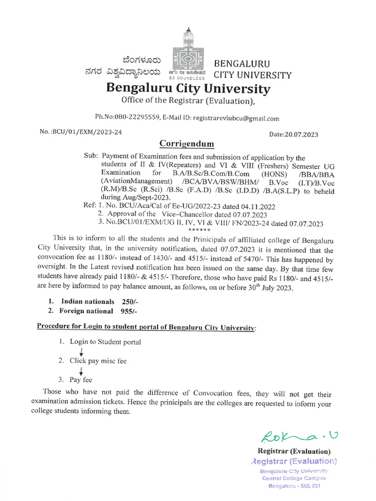 Convocation Diffrence Amount Circular August 2023 Examination | PDF