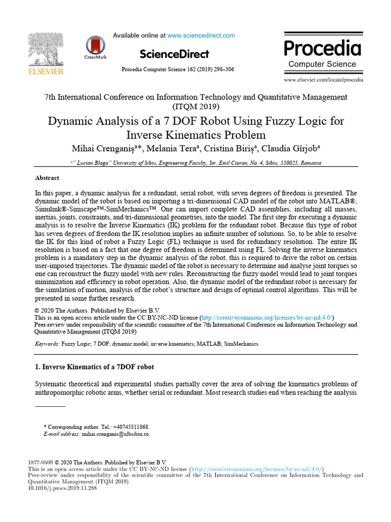 Dynamic Analysis Of A 7 Dof Robot Using Fuzzy Logic Pdf Kinematics