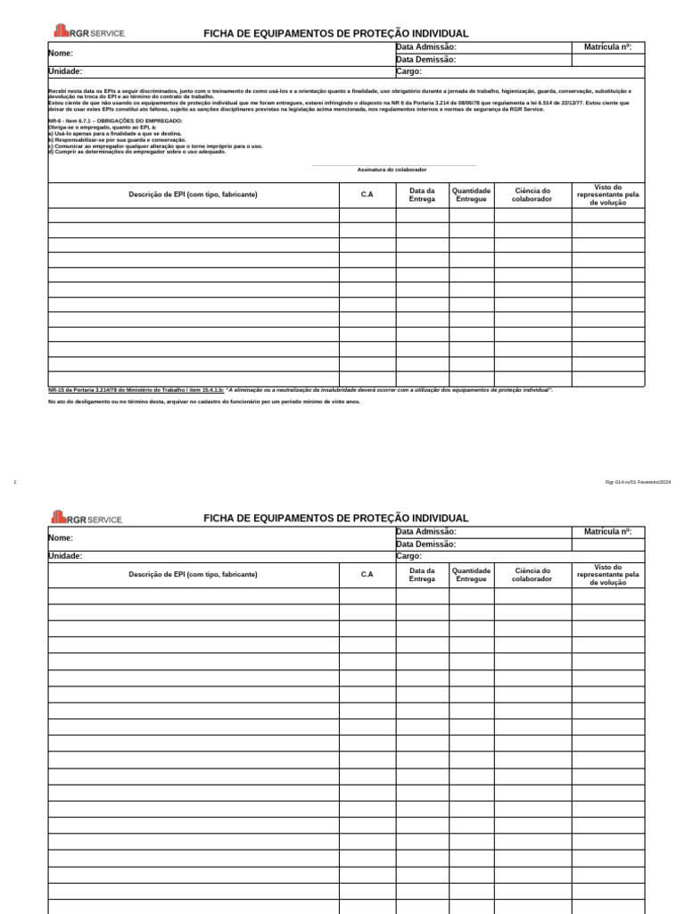 FICHA EPI Atualizada | PDF | Equipamentos de proteção individual