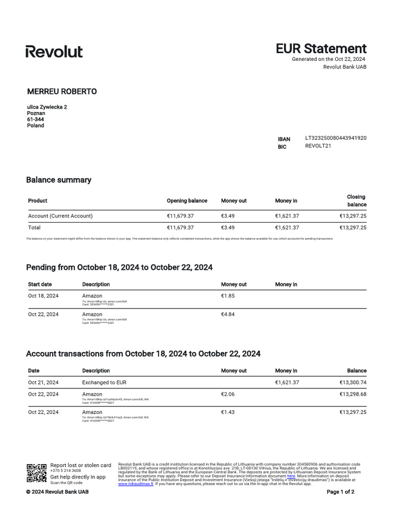 Revolut EUR Account Statement Summary | PDF | Money | Banking Technology