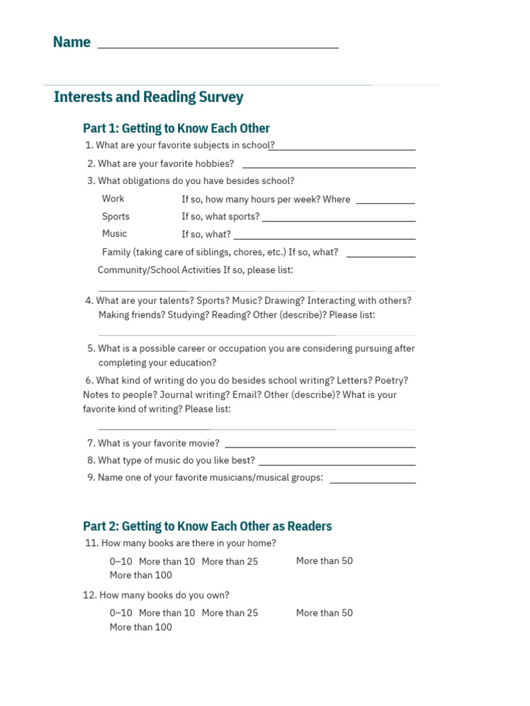 Reader Interest Survey | PDF | Books