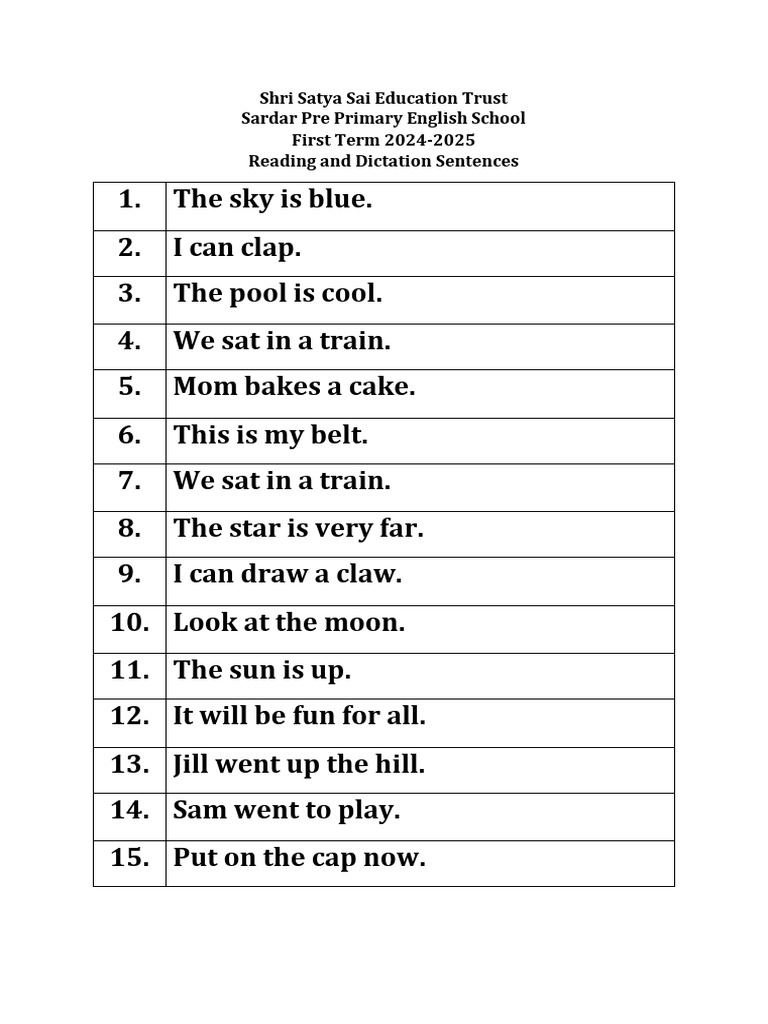 Reading and DIctation Sentences | PDF