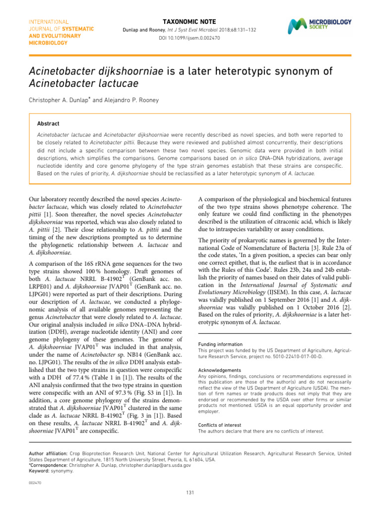 Acinetobacter Dijkshoorniae Is A Later Heterotypic Synonym of ...