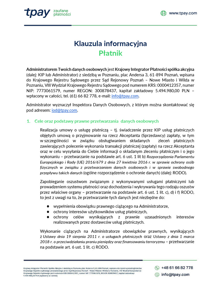 Klauzula Informacyjna Platnik | PDF