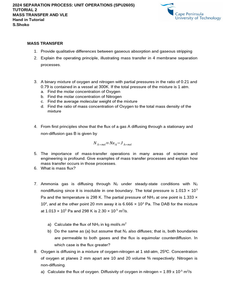 2024 SPU260S Tutorial 2 (Mass Transfer and VLE) Questions | PDF ...