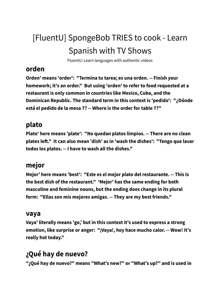 -FluentU- SpongeBob TRIES to cook - Learn Spanish with TV Shows | PDF ...
