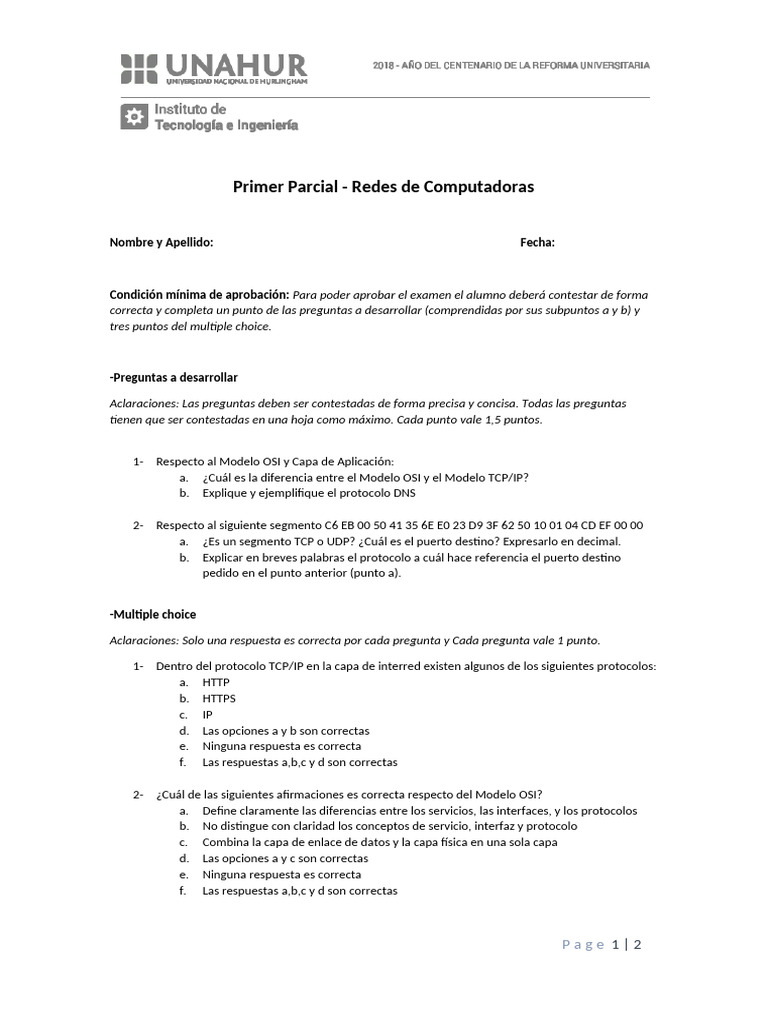 Modelo de Parcial - 1 | PDF | Modelo osi | Protocolo de Control de Transmisión