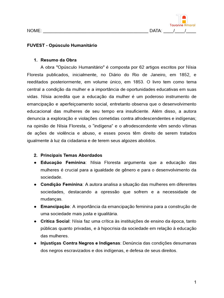 FUVEST - Opúsculo Humanitário | PDF | Feminismo | Estudos de Gênero