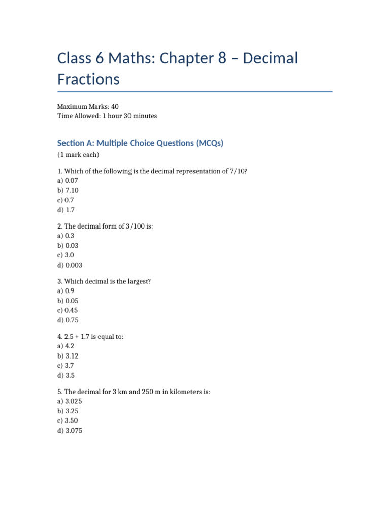 Decimal Fractions Test Paper Class 6 | PDF | Decimal | Ice Cream