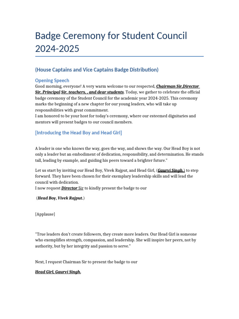Student Council Badge Ceremony 2024-2025 | PDF