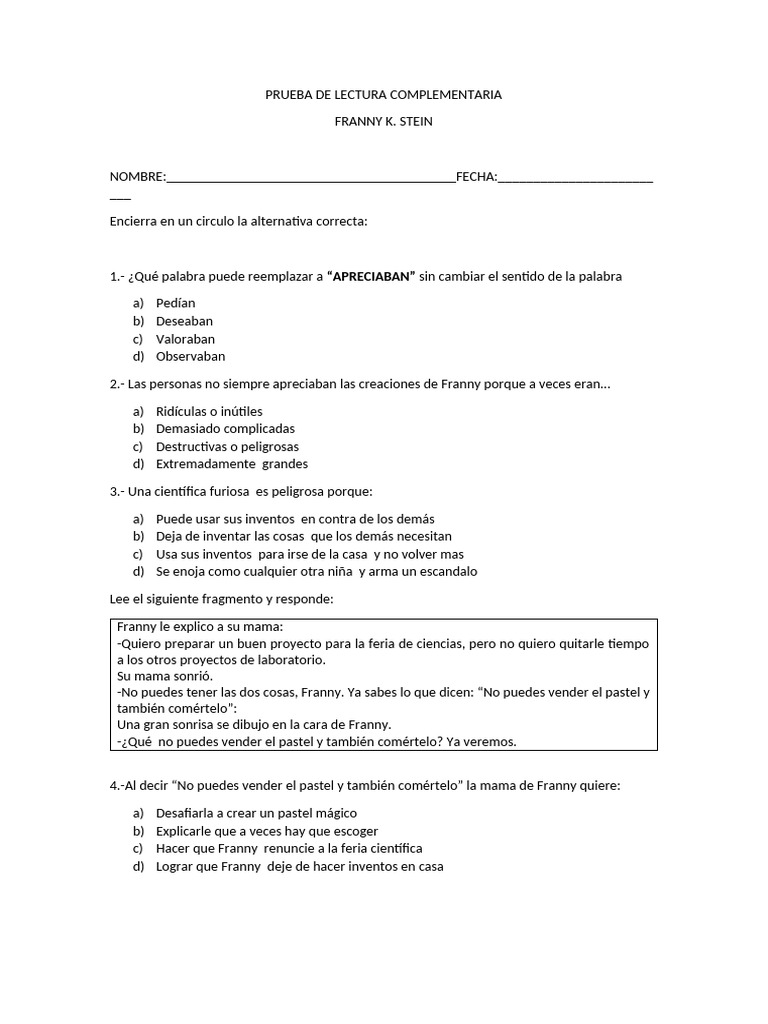 Prueba de Lectura Complementaria Franny | PDF