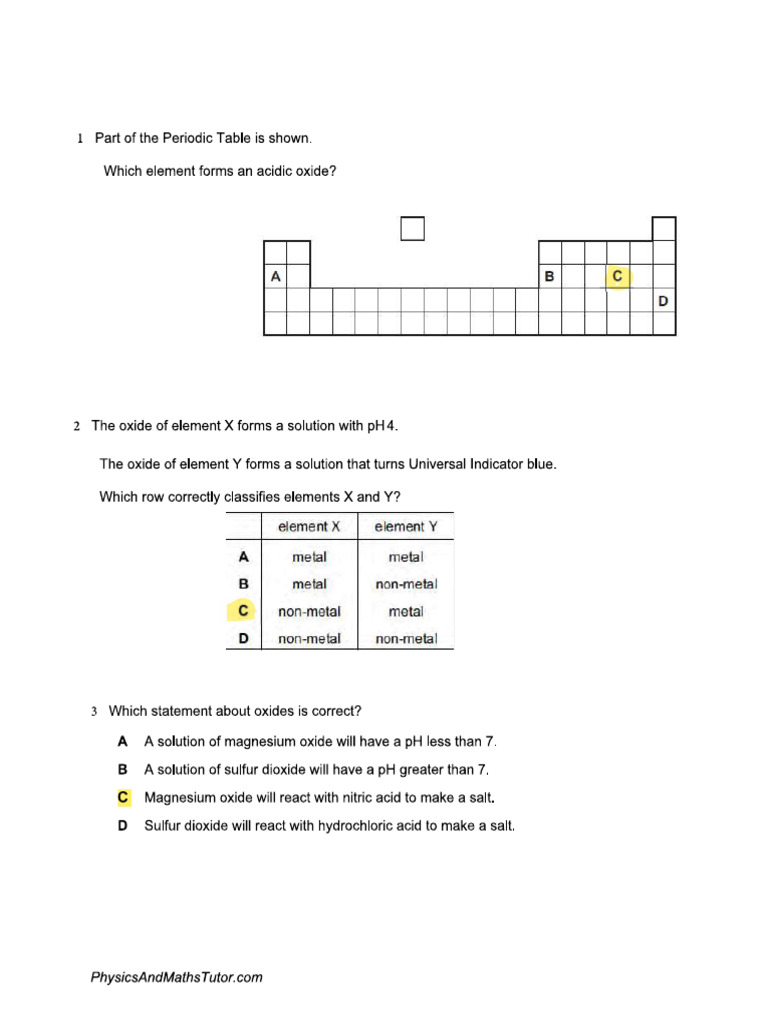 Types of Oxides (Multiple Choice) MS | PDF