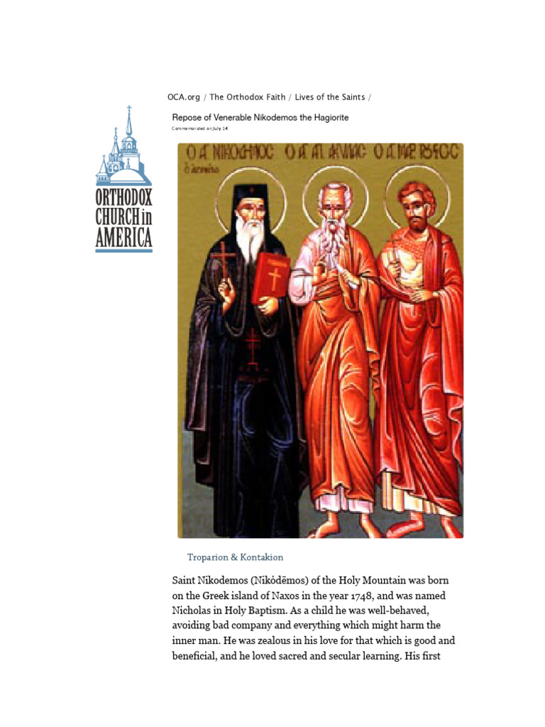 Repose of Venerable Nikodemos The Hagiorite - Orthodox Church in ...