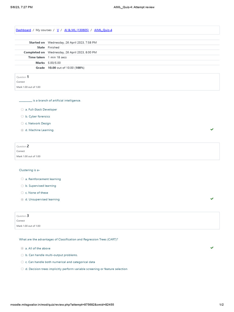 AIML_Quiz-4_ Attempt review | PDF | Machine Learning | Information Science