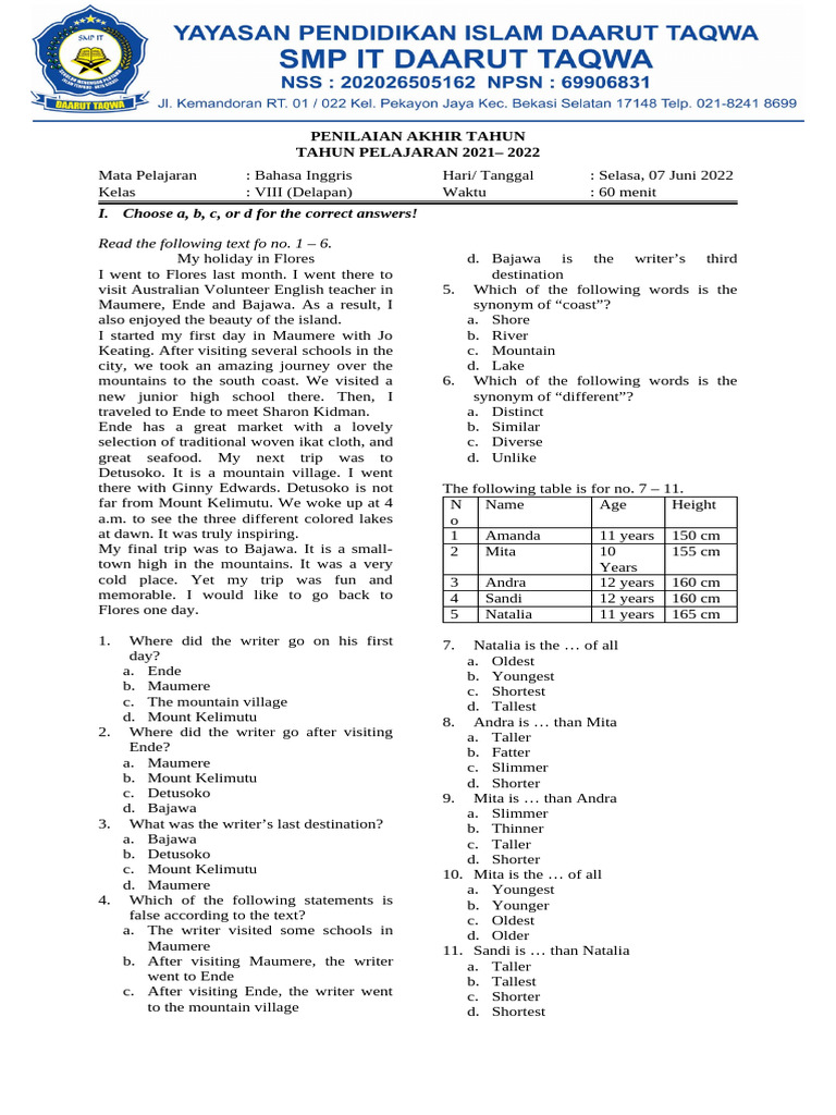 SOAL PAT B.INGGRIS KELAS 8 2021-2022 | PDF