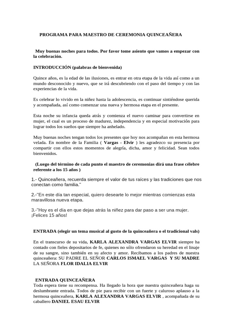 Programa para Maestro de Ceremonia Quinceañera | PDF