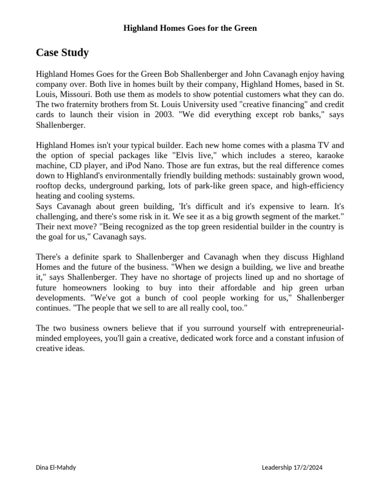 Case Study Analysis Highland Homes Goes For The Green | PDF