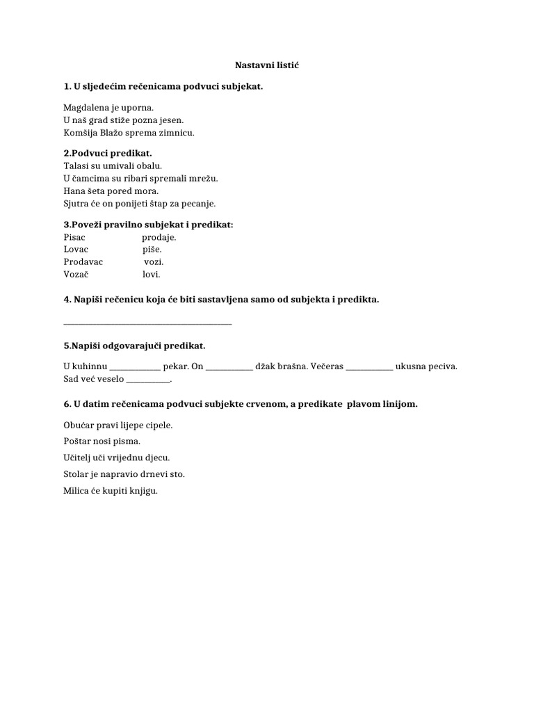 Nastavni Listić-Subjekat I Predikat | PDF