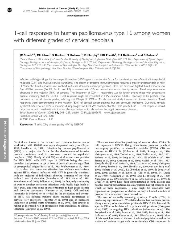 T-Cell Responses To Human Papillomavirus Type 16 Among Women | PDF | Cervical Cancer | T Cell