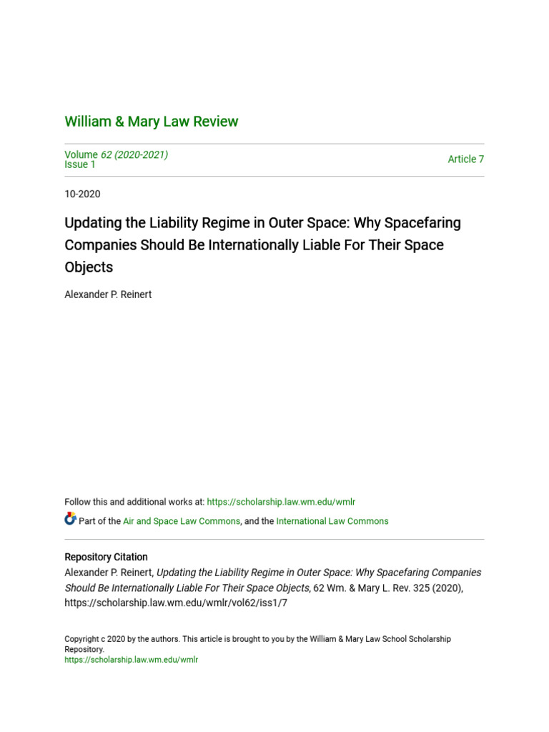 Reinert - Updating The Liability Regime in Outer Space | PDF | Space ...